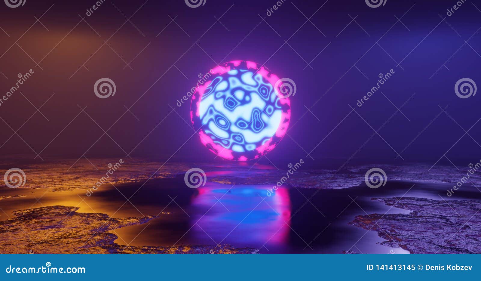 3d Rendering. Futuristic Object Sci-fi Surface with Particle Neon ...