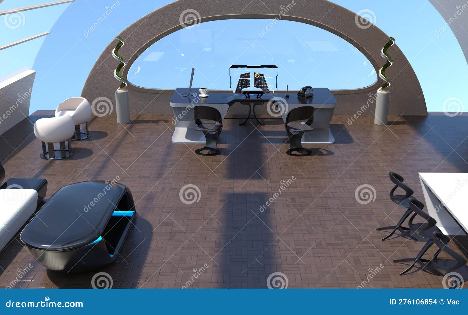 Futuristic Office Lobby With Silver Podium And Blue Background Stock ...