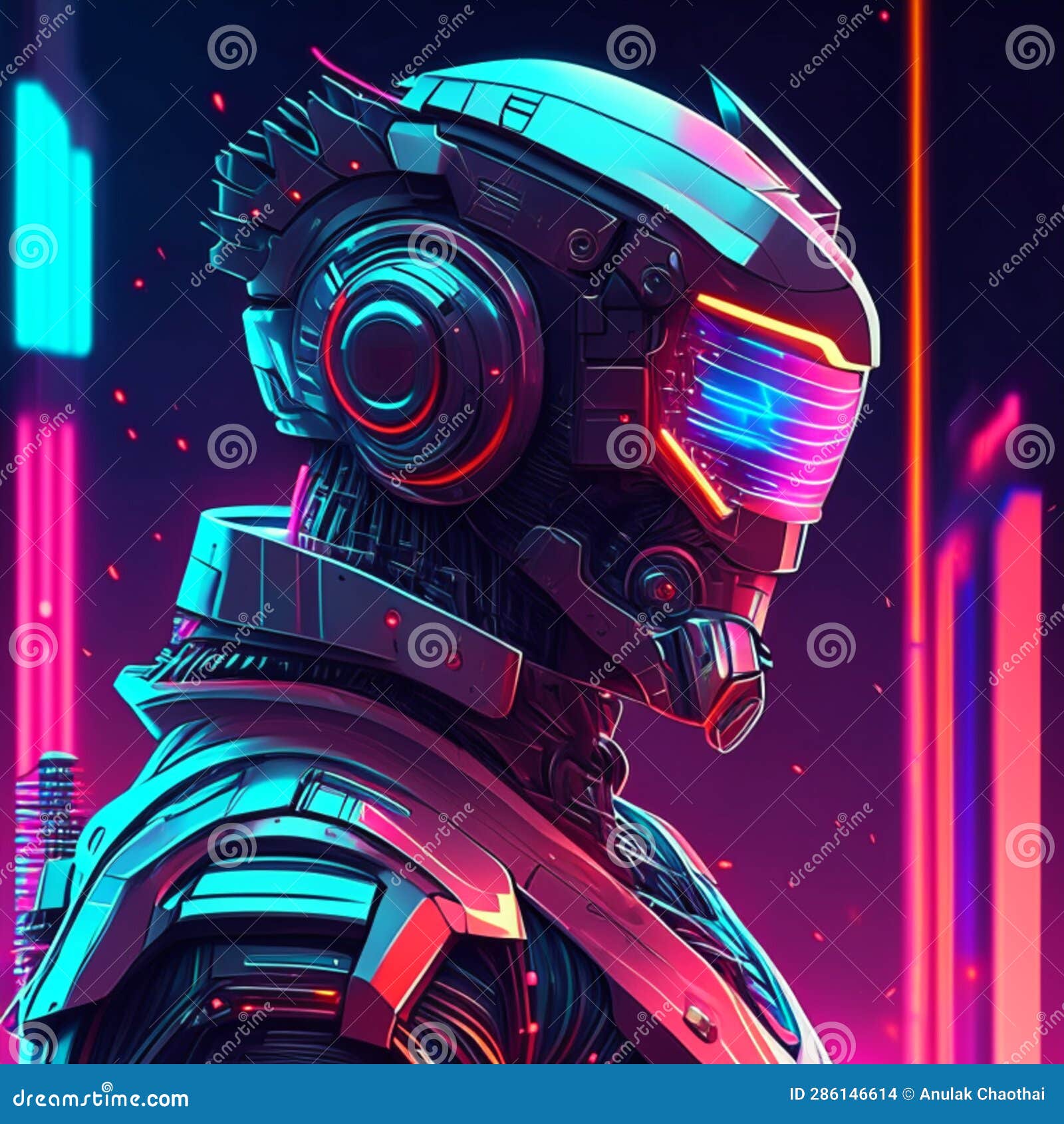 3D Rendering of a Futuristic Robot with Neon Lights in the Background ...