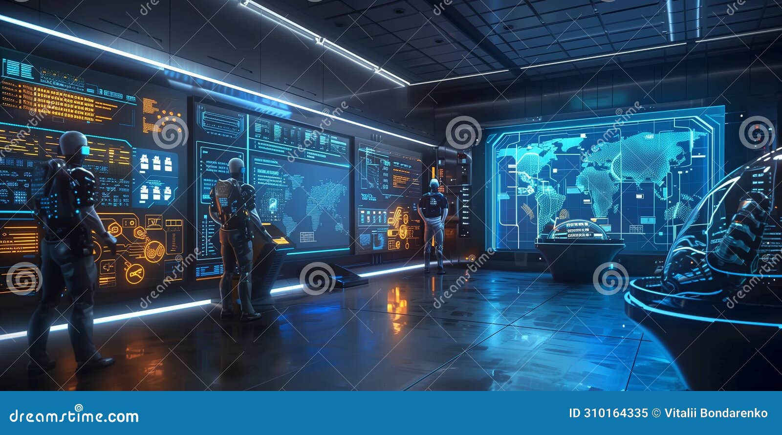 3D Rendering of a Futuristic Room with Mannequins and HUD. Stock ...