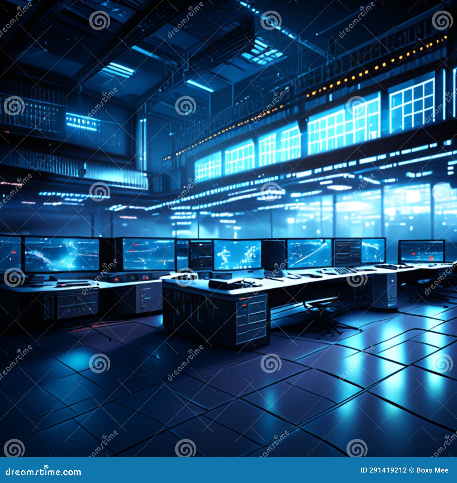 3D Rendering of a Futuristic Server Room with Blue Lights and ...