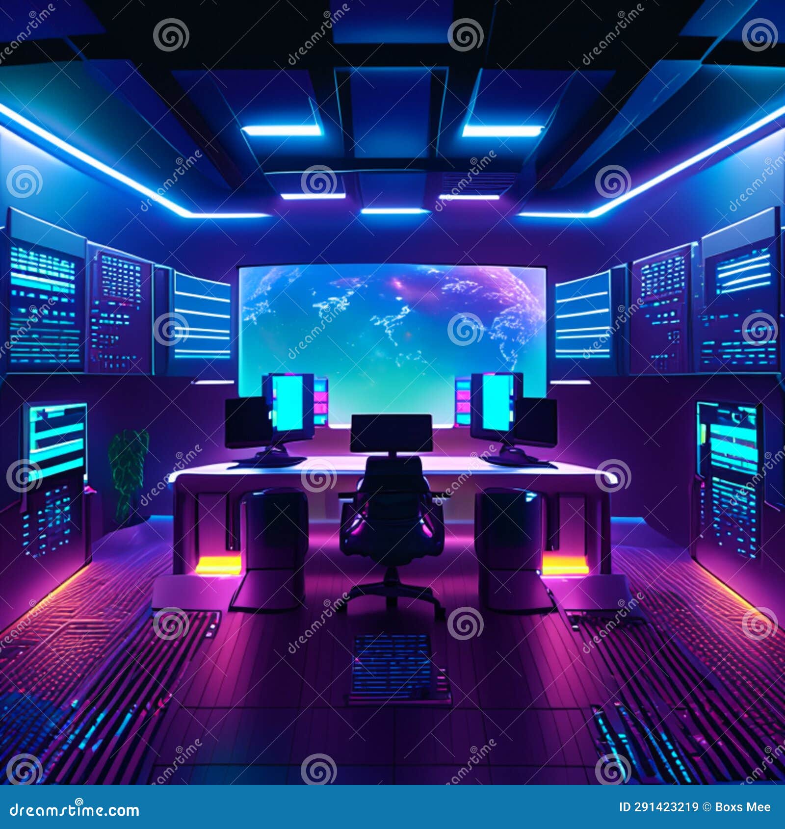 3D Rendering of a Futuristic Server Room with Computer Monitors and ...