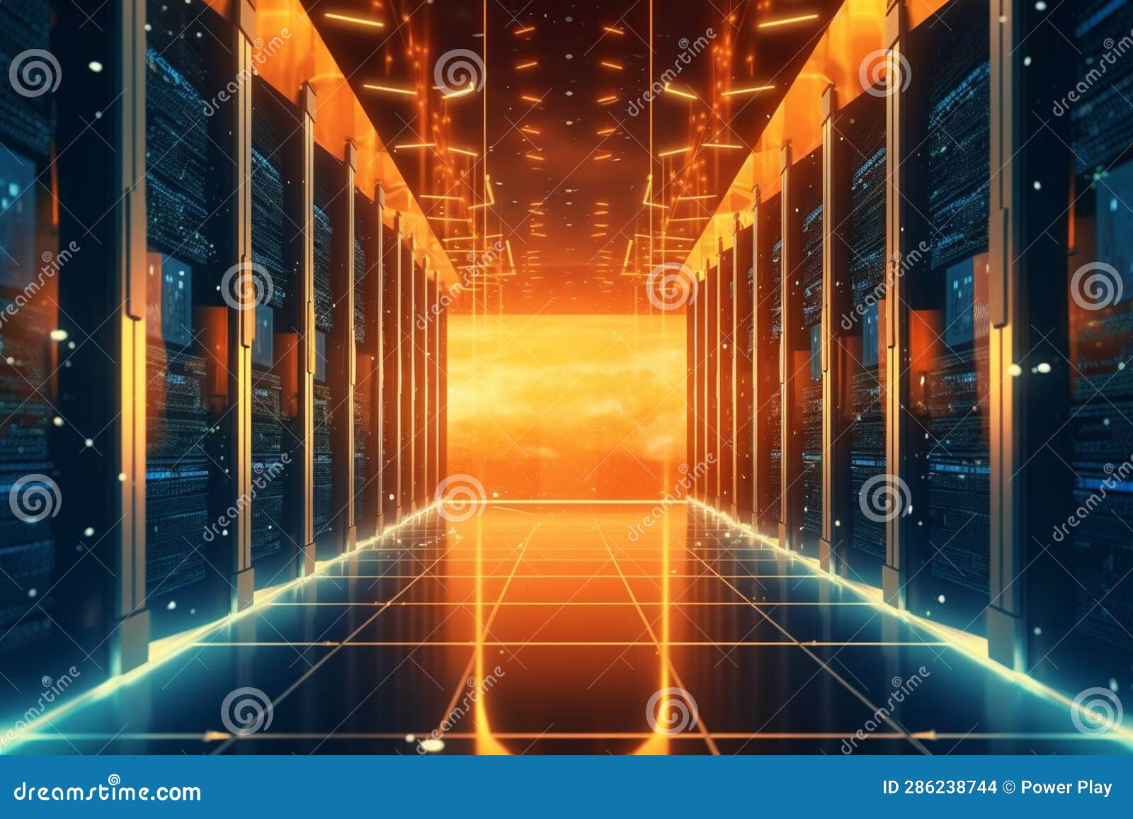 3D Rendering of Futuristic Server Room with Glowing Lights and Data on ...