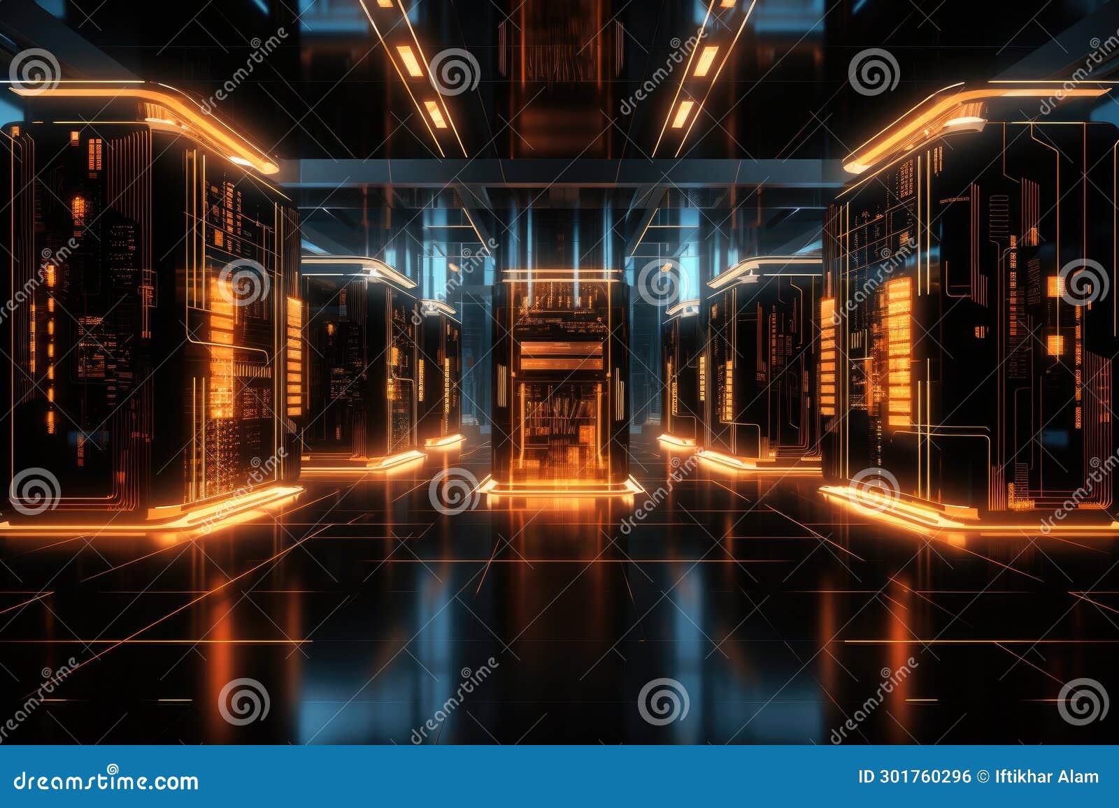 3D Rendering of Futuristic Server Room with Glowing Lights and ...
