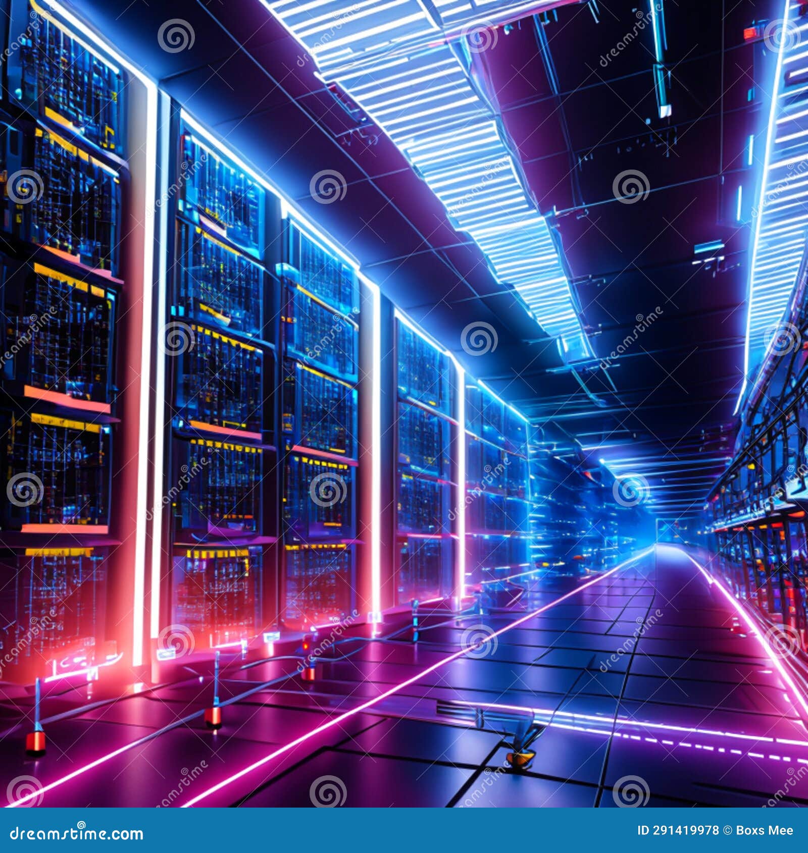 3D Rendering of a Futuristic Server Room with Neon Lights and ...