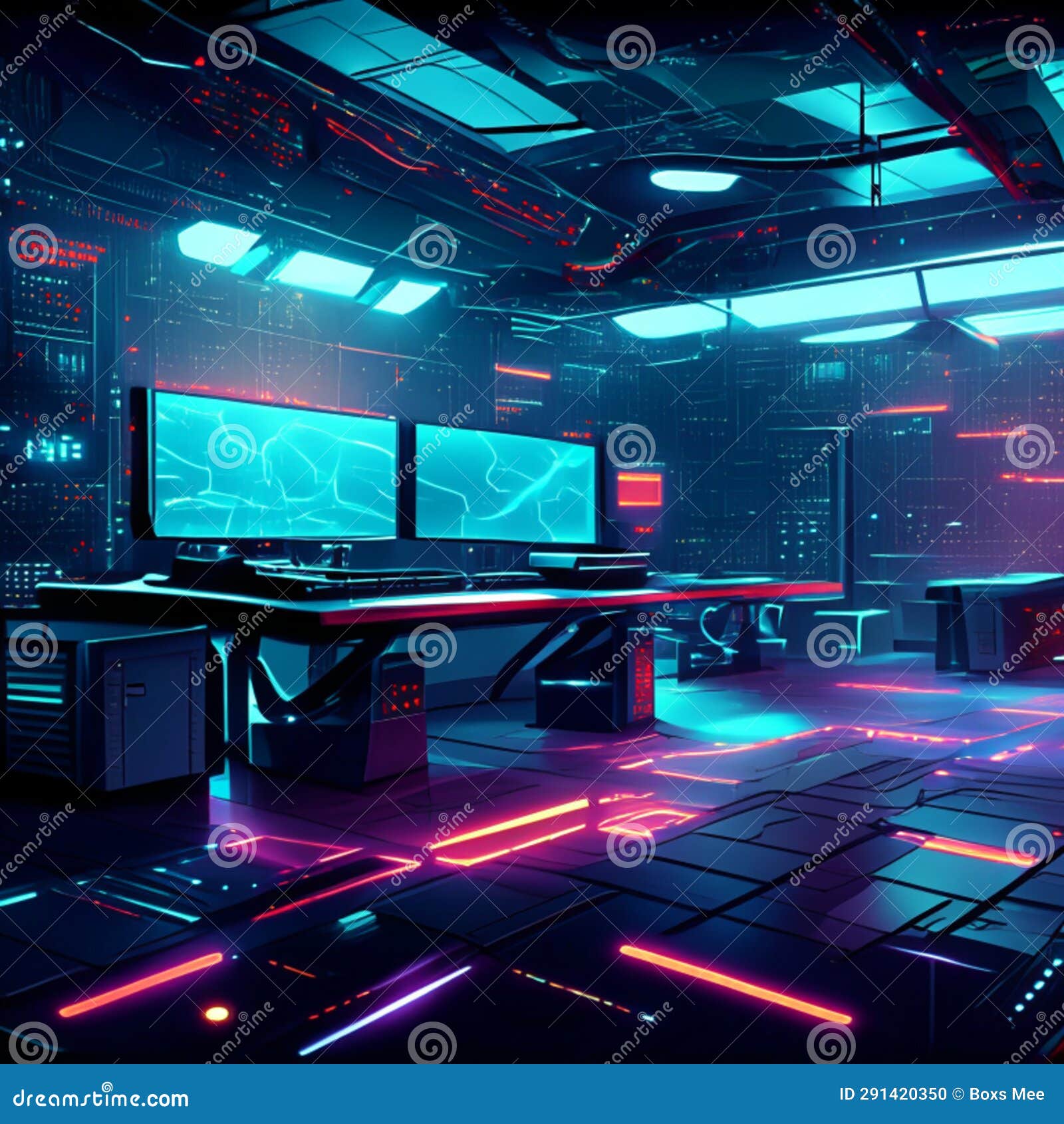 3D Rendering of a Futuristic Server Room with Neon Lights and Servers ...