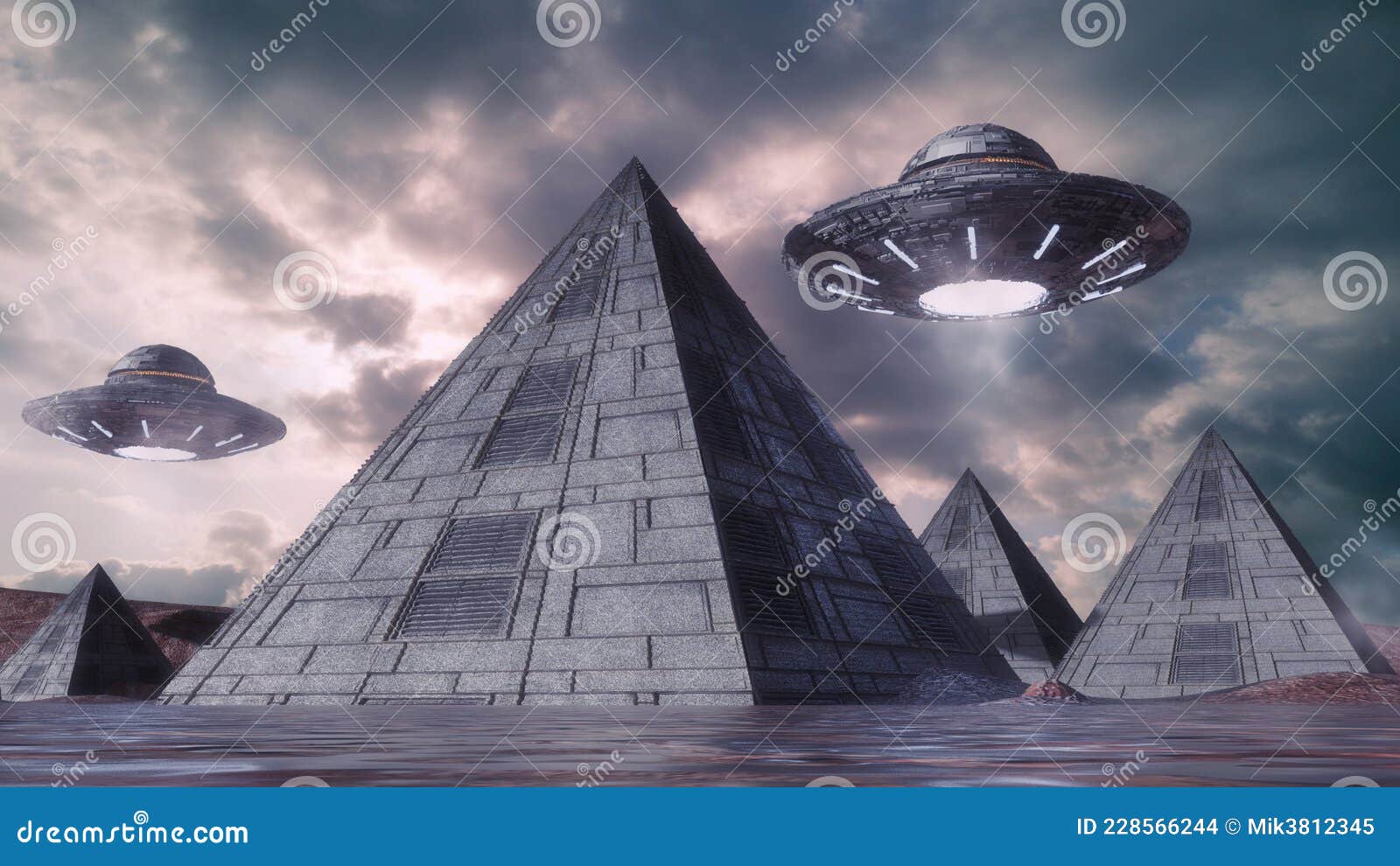 Futuristic Unidentified Flying Object and Pyramid Stock Illustration ...