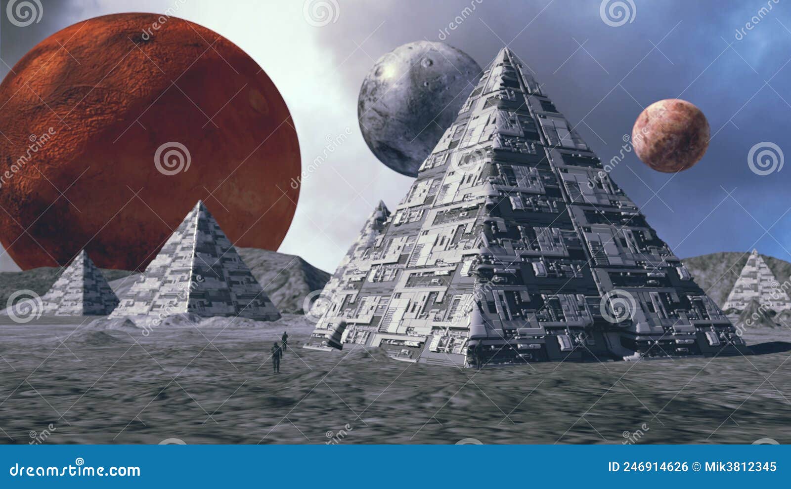Futuristic Unidentified Flying Object and Pyramid Stock Illustration ...