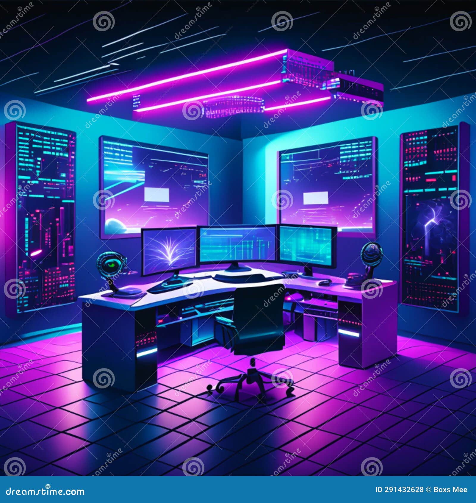 3D Rendering of a Gaming Room with Neon Lights and Computer Monitors ...
