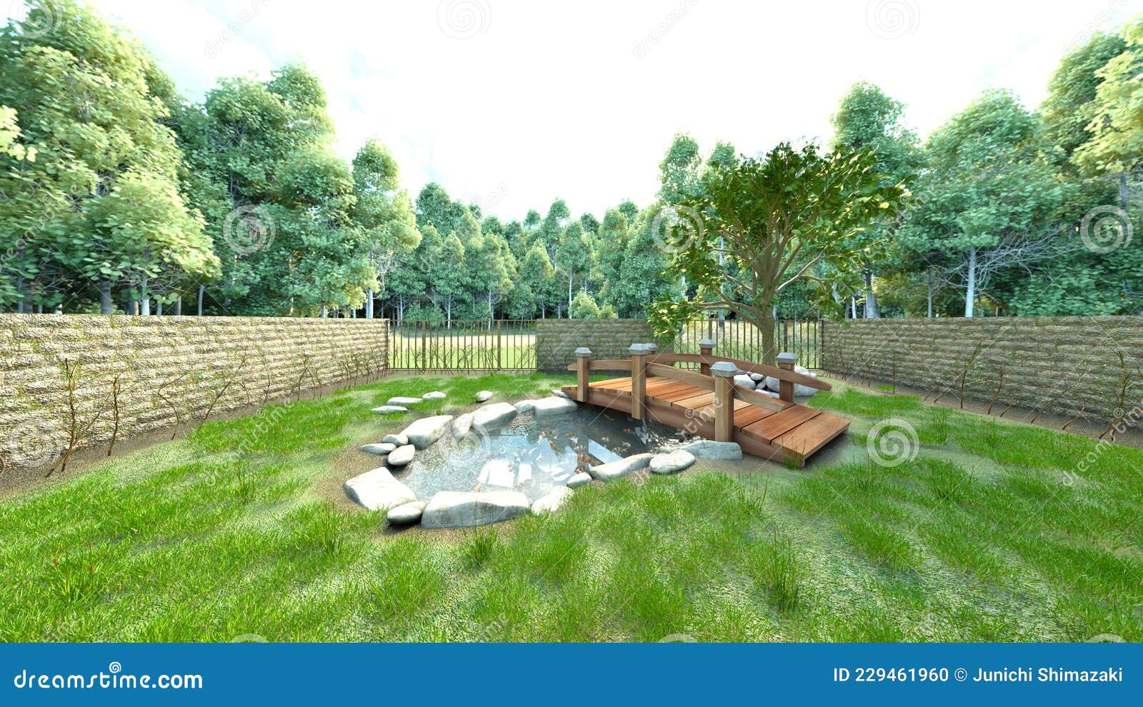 3D Rendering of the Garden with Pond Stock Illustration - Illustration ...