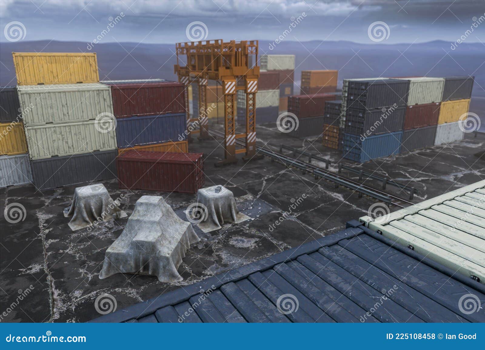 3D Rendering Of A Generic Docklands Shipping Container Yard Viewed From ...
