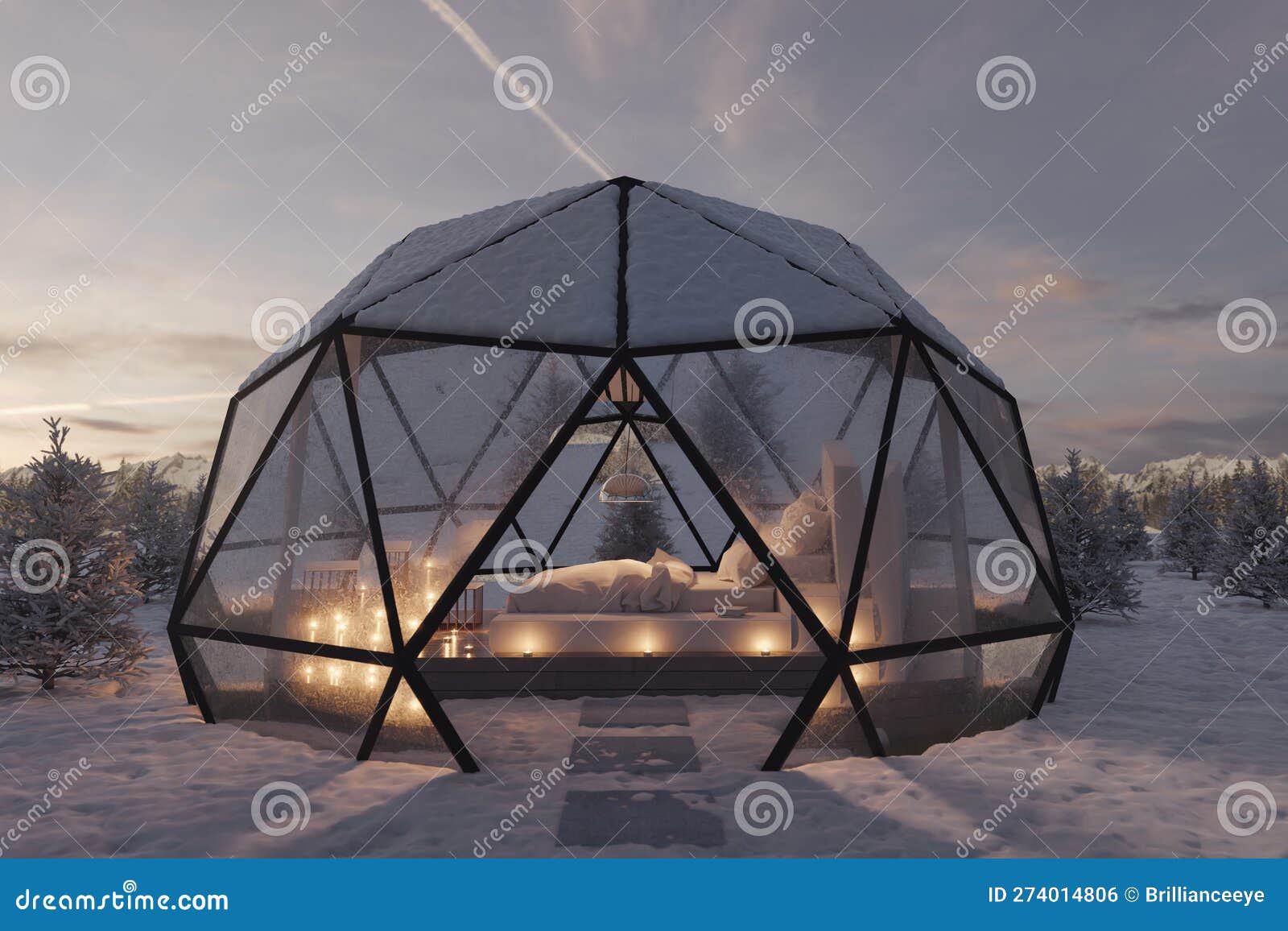 Geodesic Dome Hut with Glass Panels in a Winter Evening Stock ...