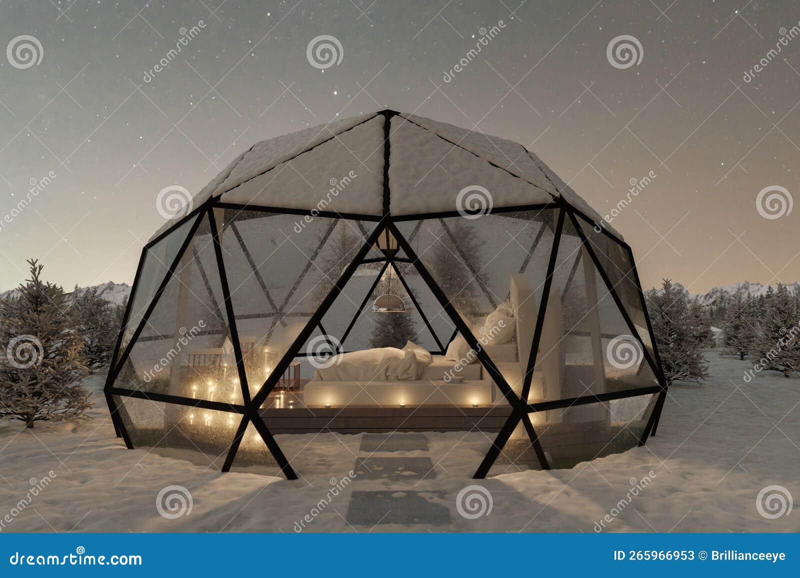 3d Rendering of Geodesic Dome Hut with Glass Panels in a Winter Night ...