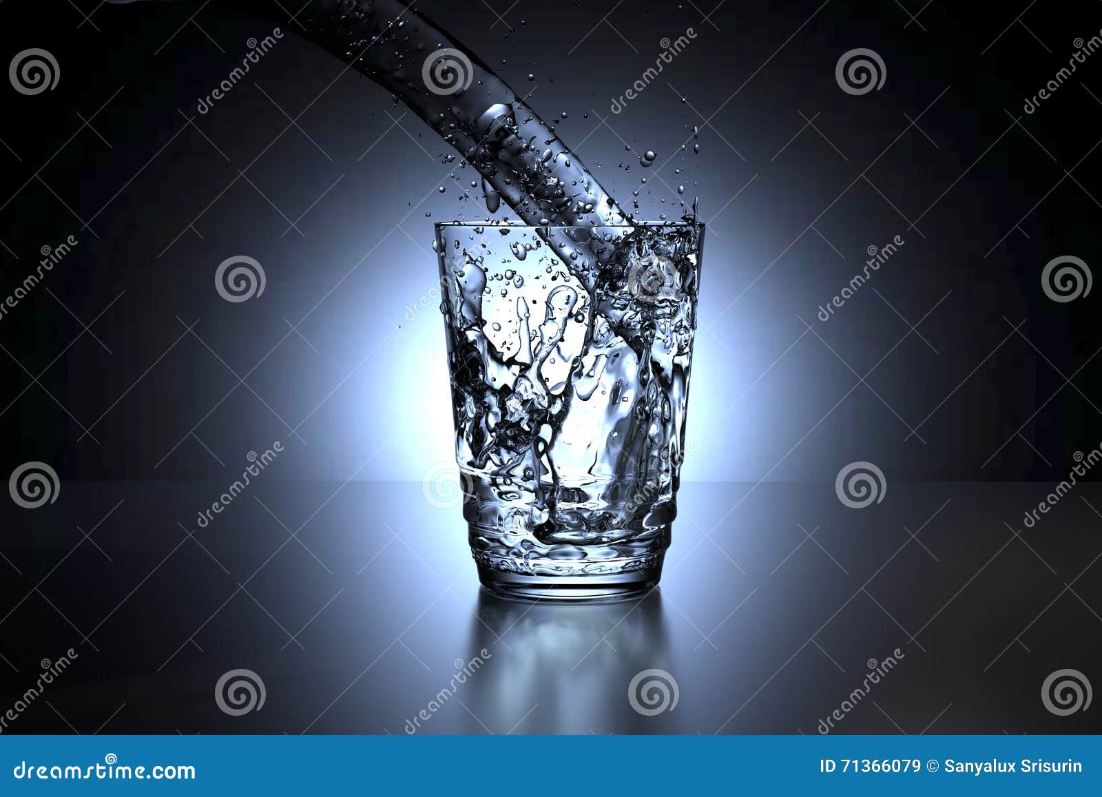 Glass With Spilling Water Splash. Side View. On Blue Background Stock ...