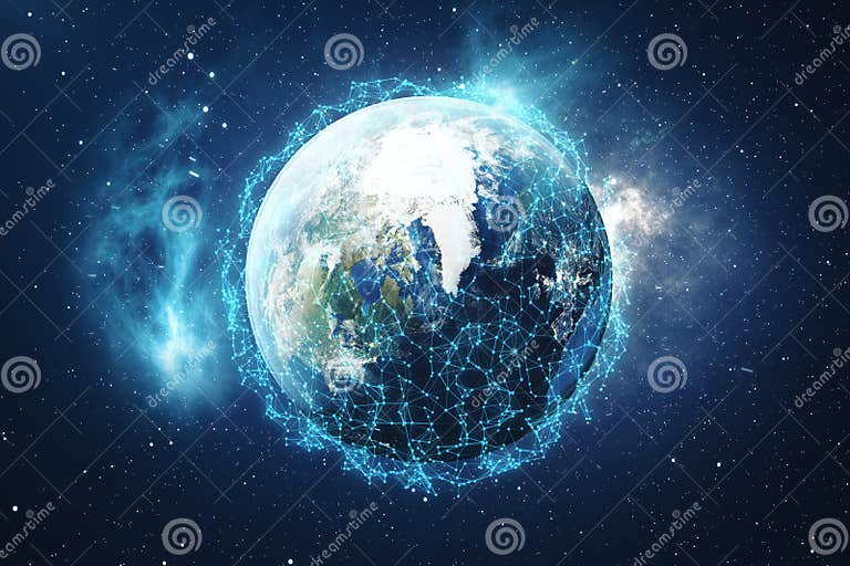 3D Rendering Global Network and Data Exchange. Connection Lines Around ...