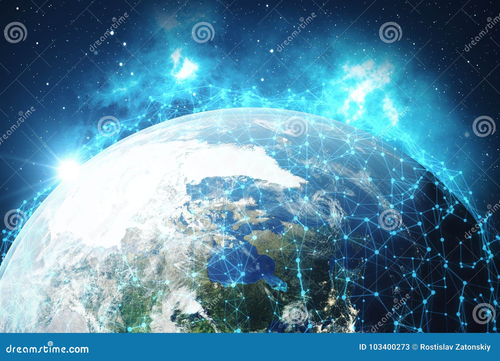 3D Rendering Global Network and Data Exchange. Connection Lines Around ...