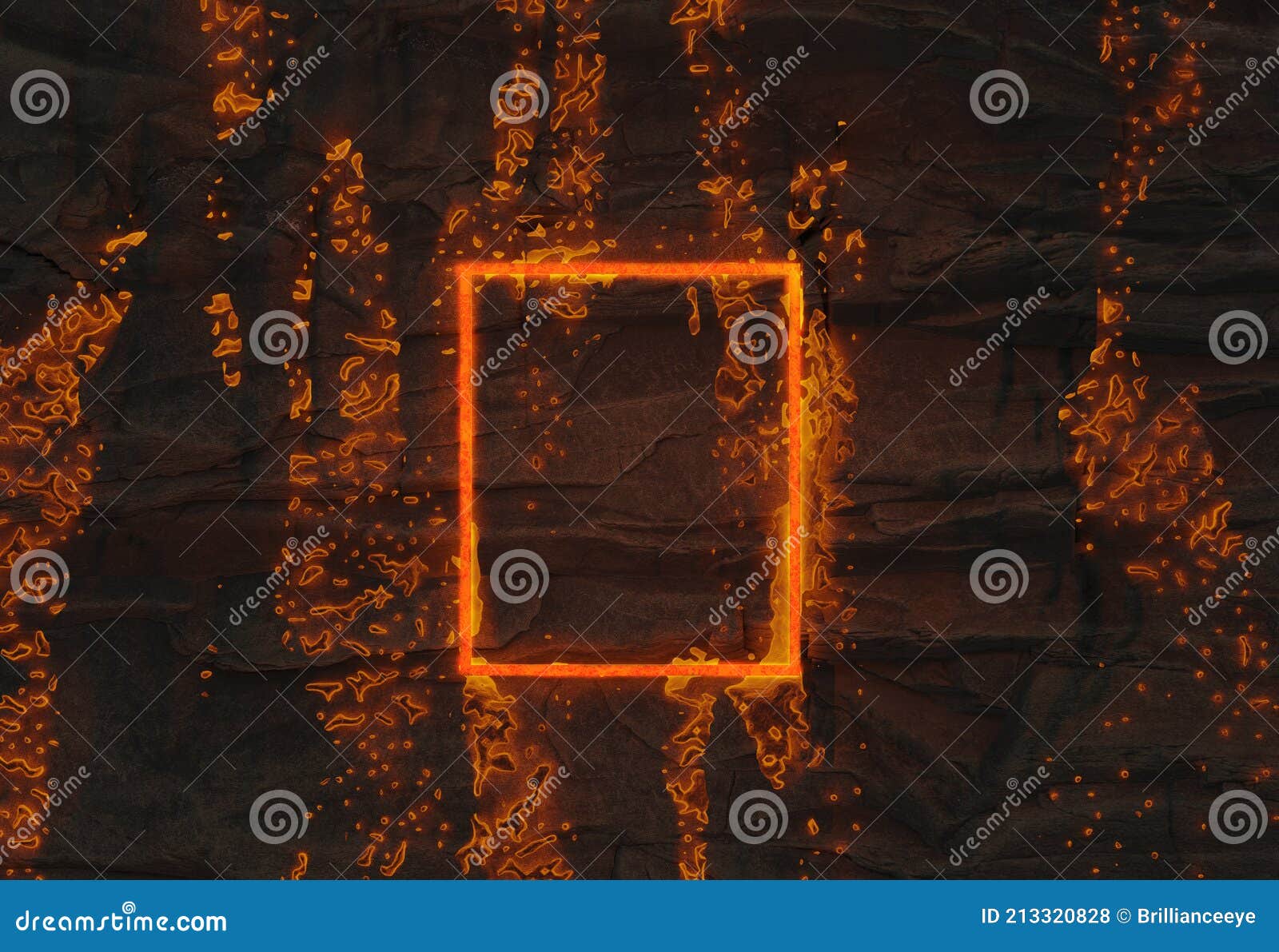 3d Rendering of Glow Square Shape Against Black Stone Cliff and Lava ...