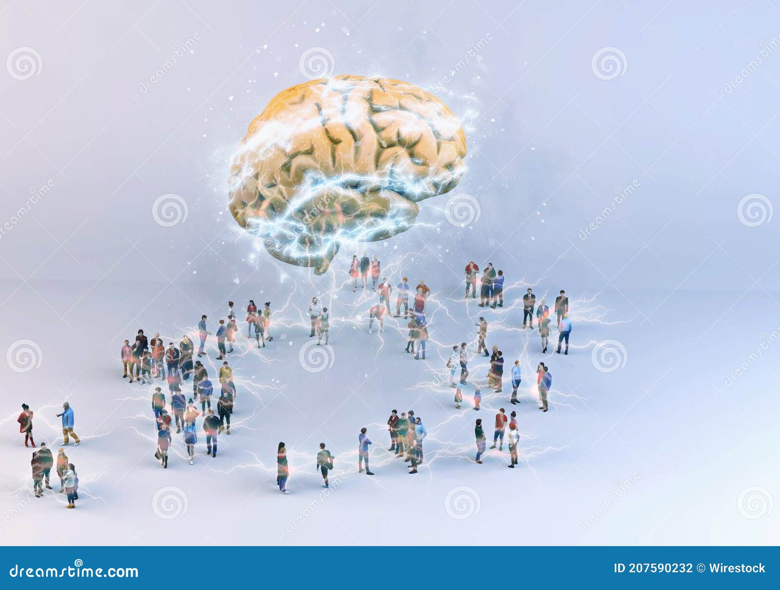 3D Rendering of a Glowing Brain Figure Above People - Concept of ...