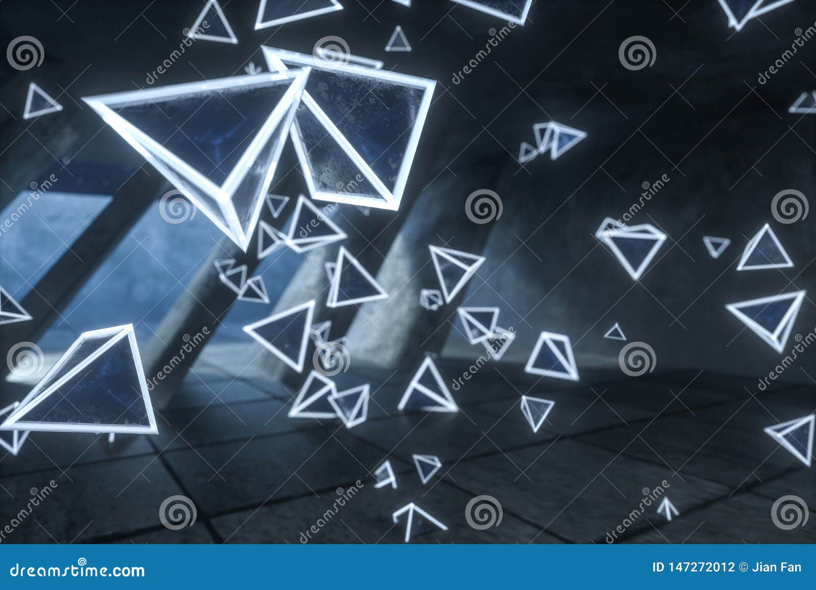 3d Rendering, Glowing Magic Triangles in Abandoned Room, Dark ...