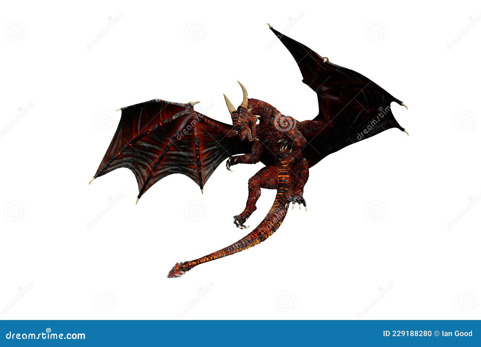 3D Rendering of a Glowing Red Skinned Fantasy Dragon Hovering and Looking Down To the Ground ...