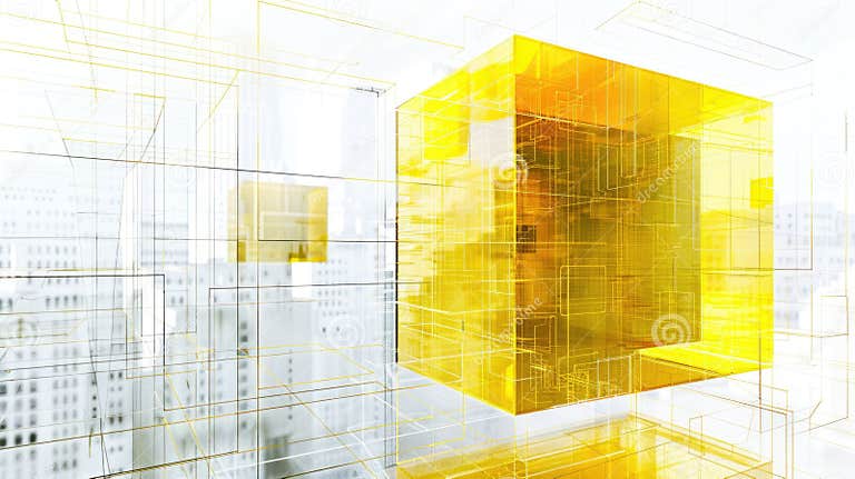 3D Rendering of a Glowing Yellow Cube Floating in a White Grid-like Structure AIG535 Stock ...