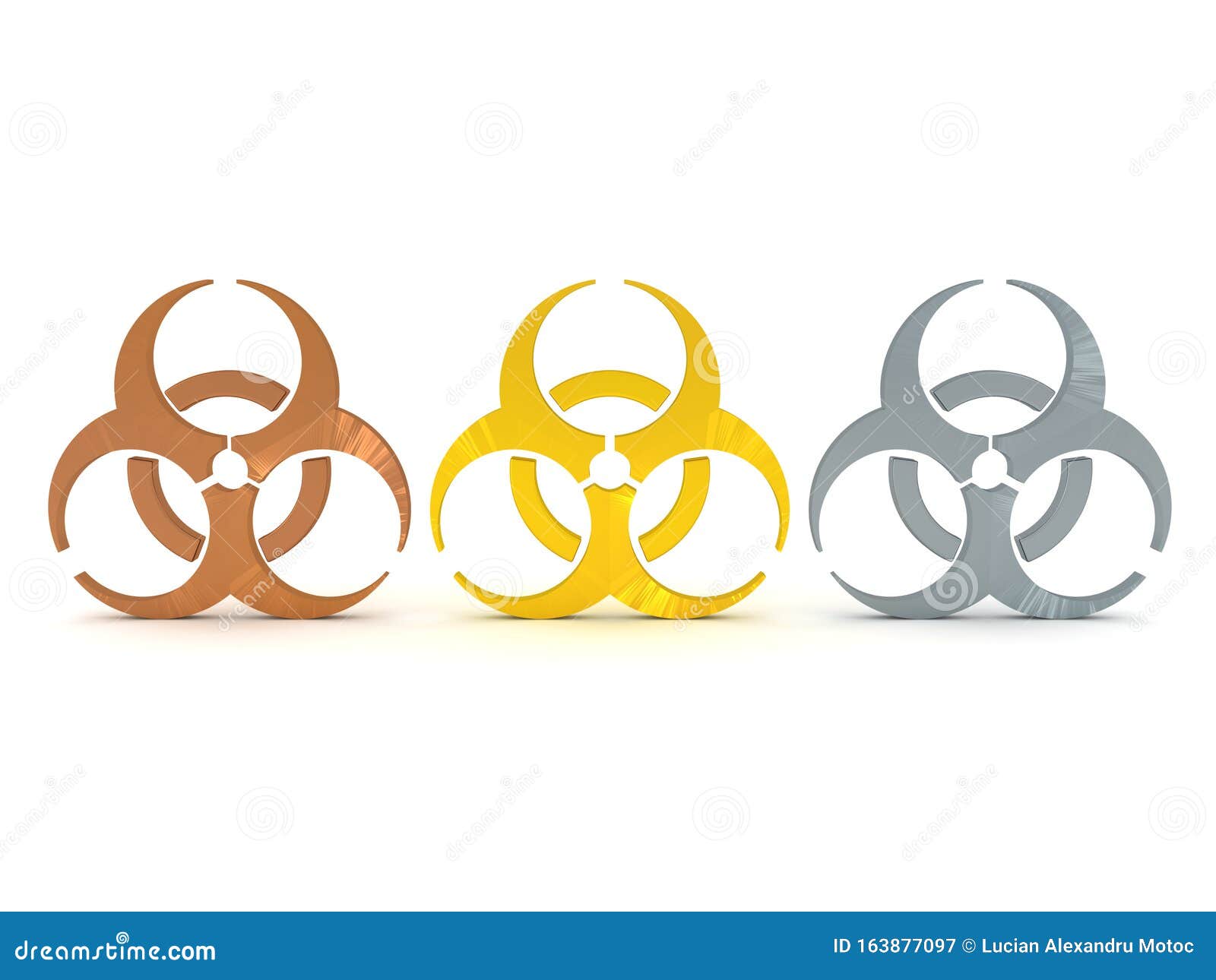 3D Rendering of Gold, Bronze and Silver Biohazard Symbols Stock ...