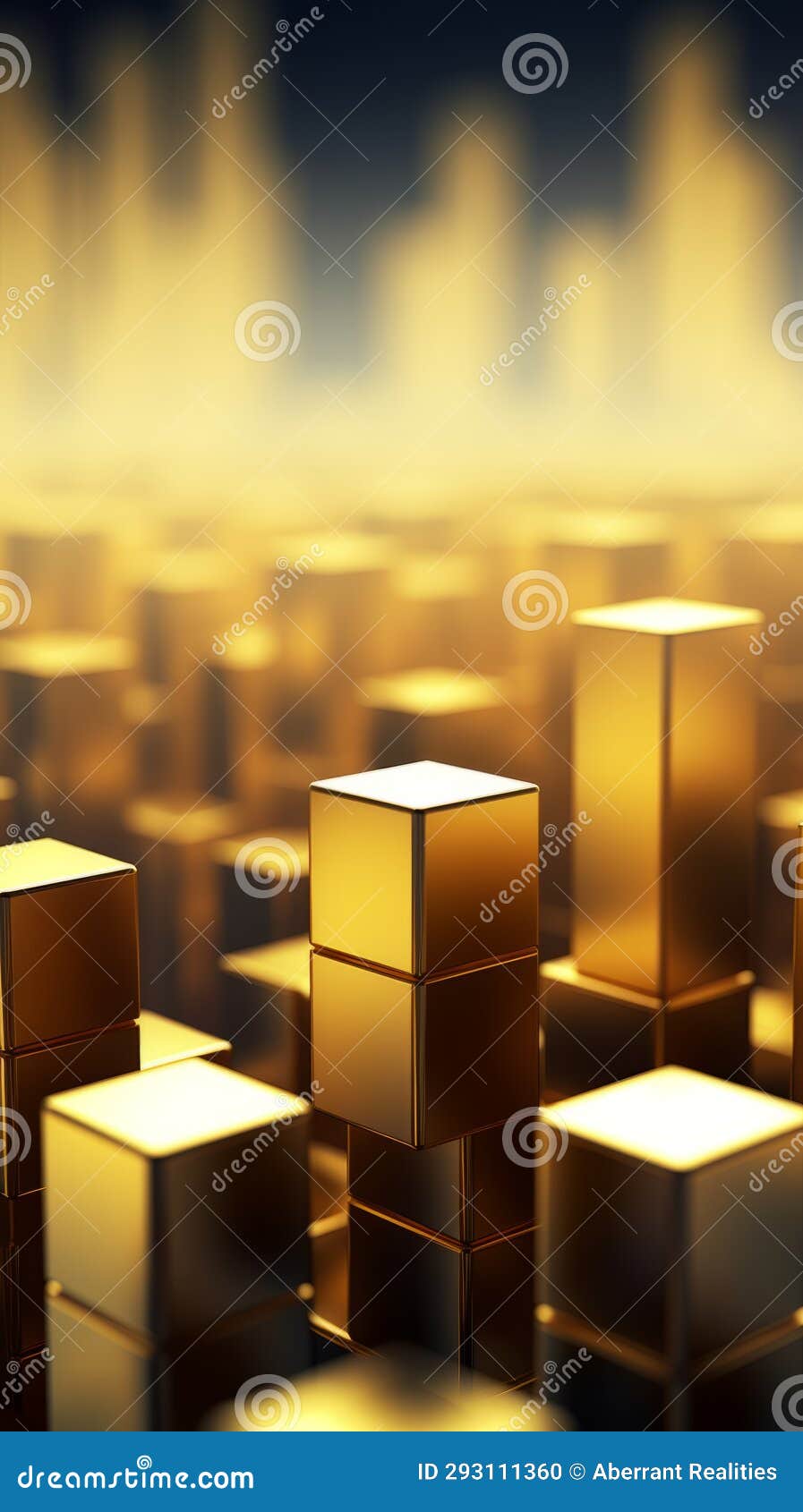 3d Rendering of Gold Cubes in Front of a Cityscape Stock Illustration ...