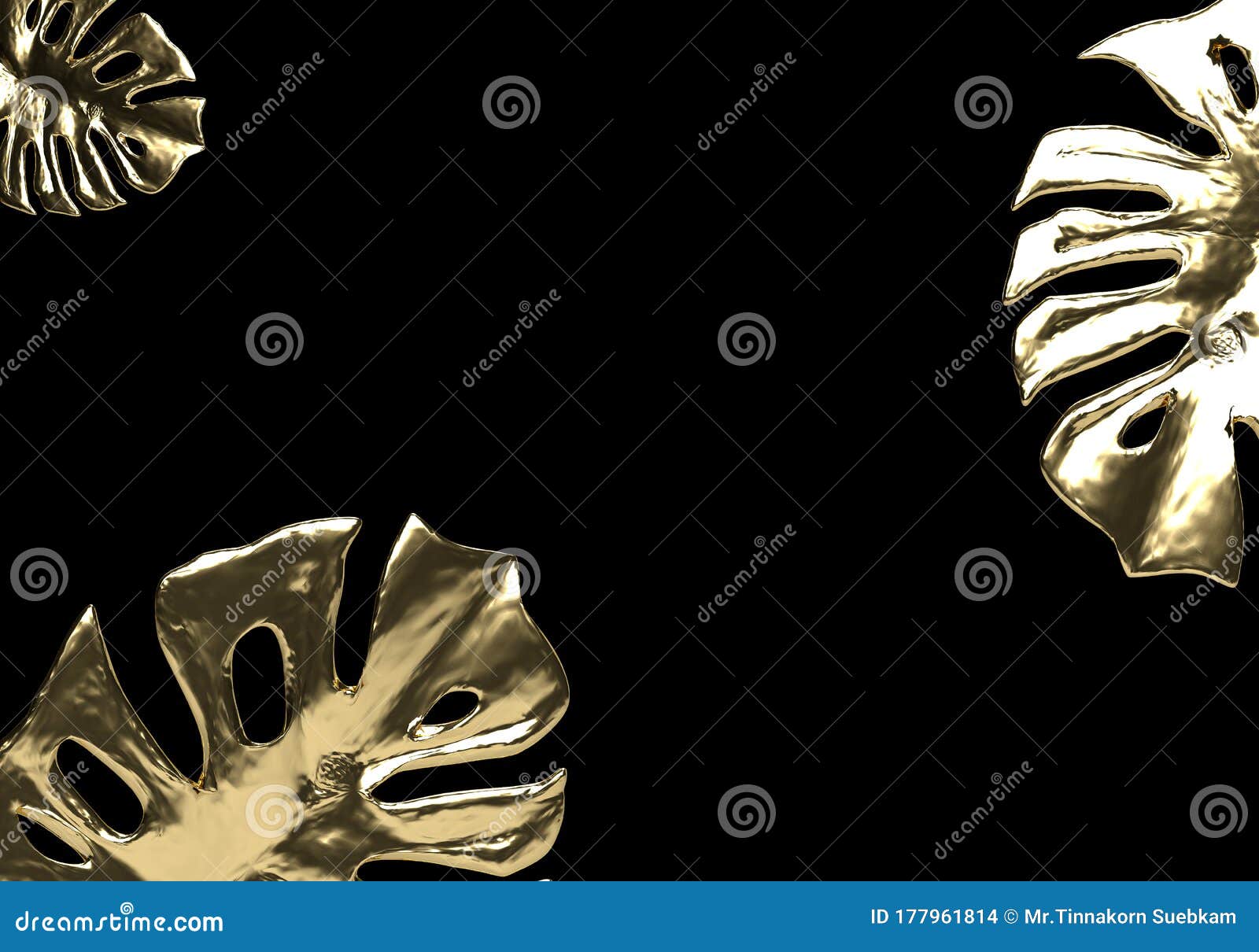 3d Rendering of Gold Monstera Leaves on Black Background Stock ...