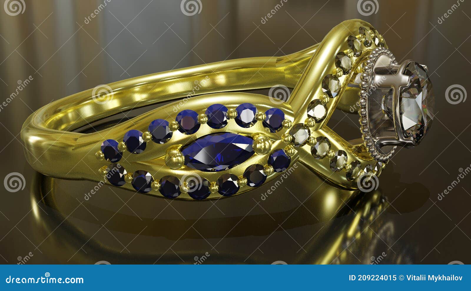 3D Rendering Gold Ring with Diamonds and Sapphires Stock Illustration ...