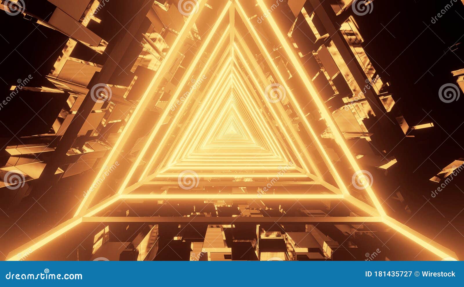 3D Rendering of Gold Triangular Lights Condensing into a Single Point ...