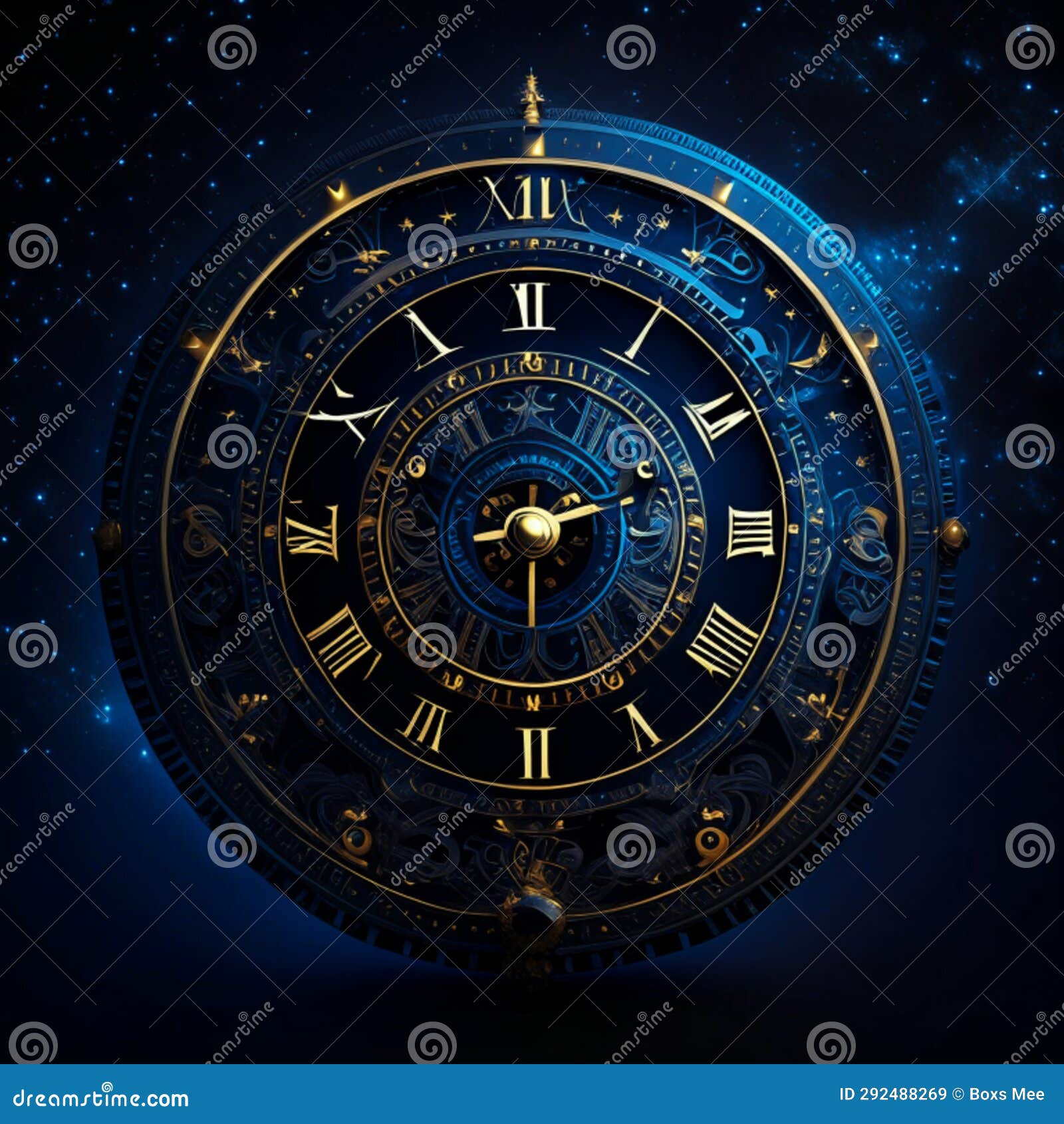 3d Rendering of a Golden Clock Face on a Dark Blue Background ...
