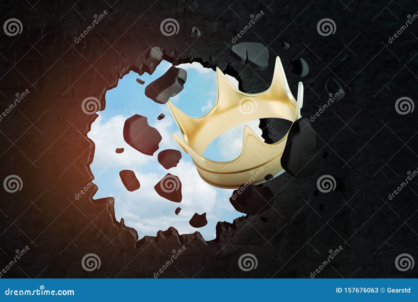 3d Rendering of Golden Crown Breaking Black Wall Stock Illustration ...