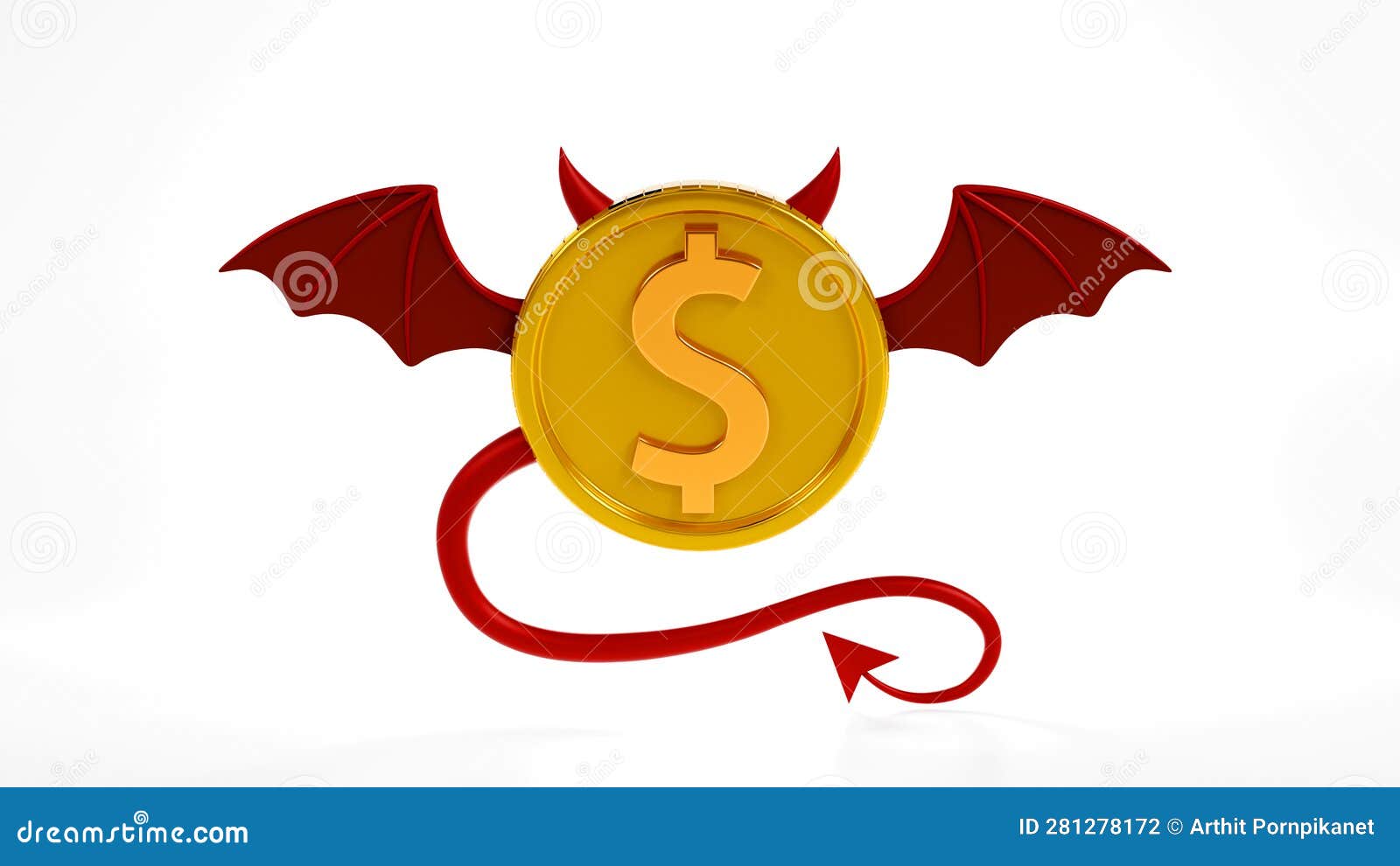 3D Rendering of a Golden Dollar Coin Symbol Looking Like a Devil, Sign ...