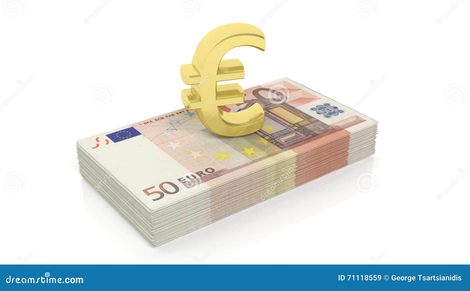 3D Rendering of Golden Euro Symbol on 50 Euros Banknote Stack Stock ...