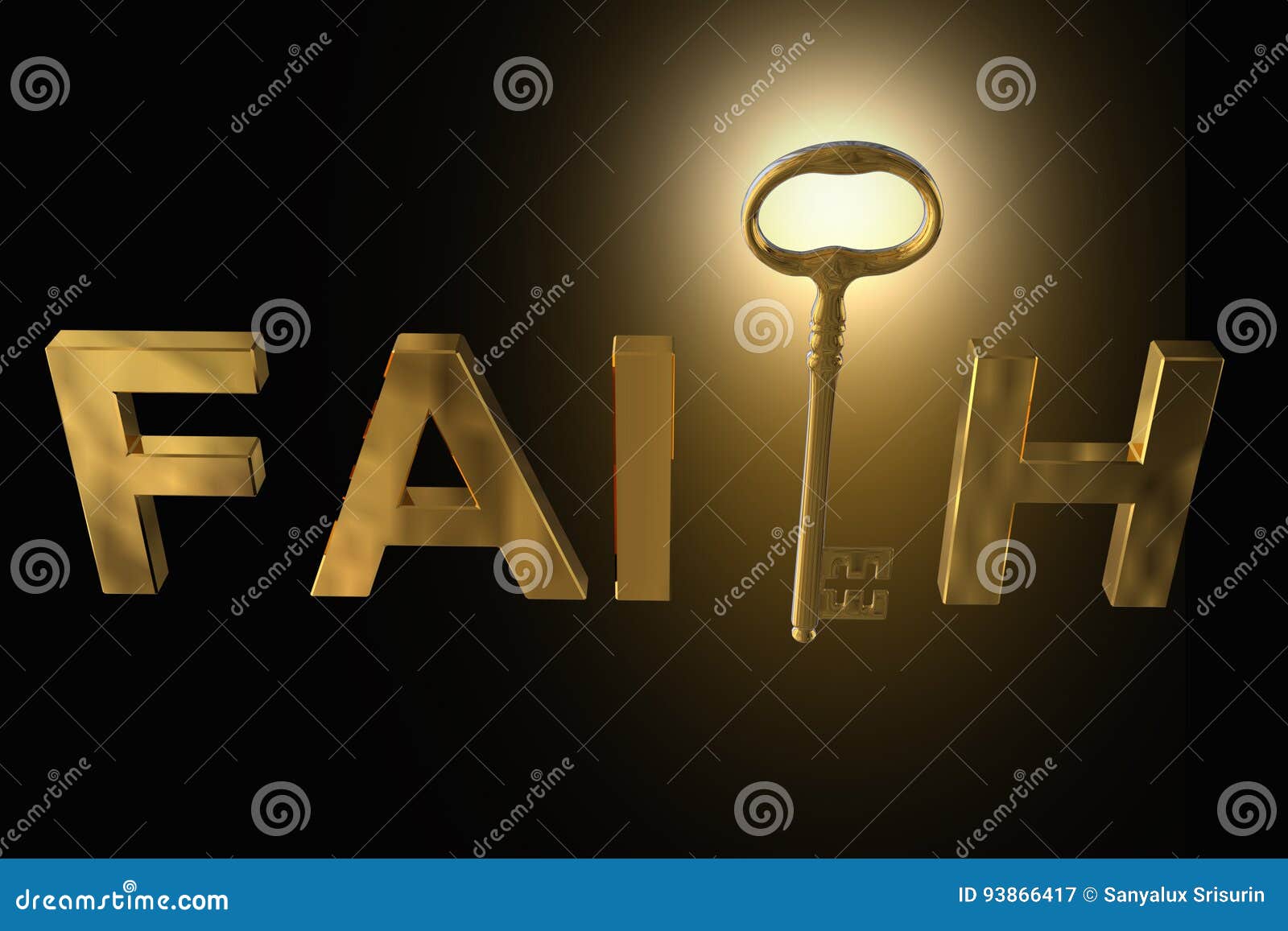 3D Rendering of the Golden Key in Faith Letters Stock Illustration ...