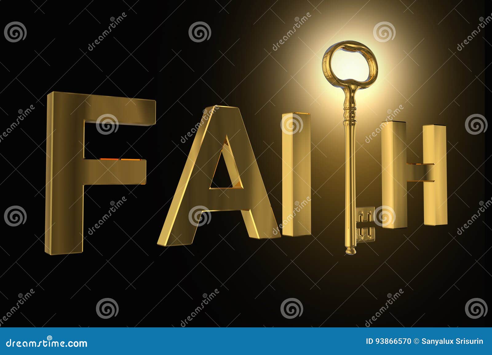 3D Rendering of the Golden Key in Faith Letters Stock Illustration ...