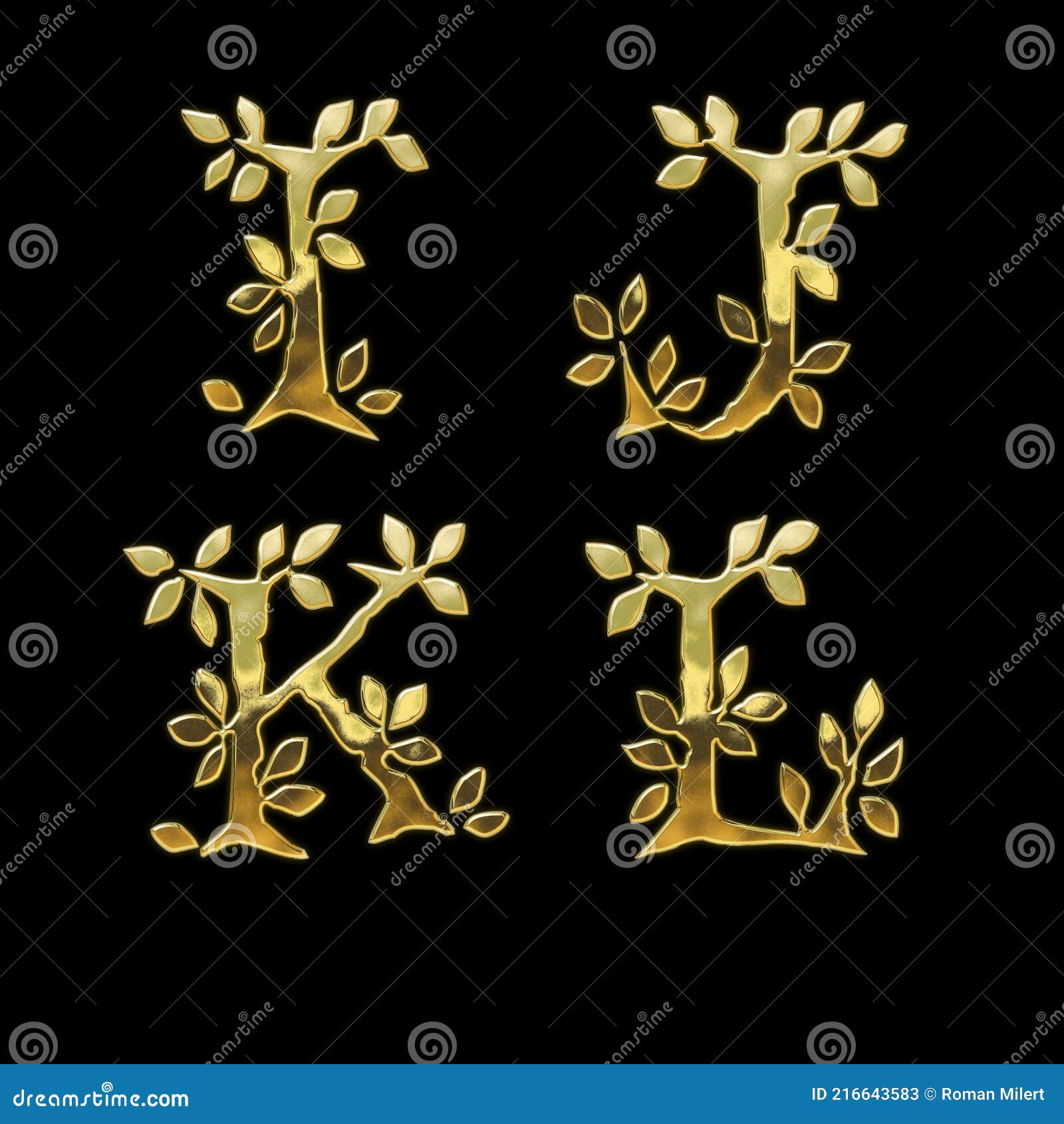 Golden Leaf Style Font Alphabet - Letters I-L Stock Illustration ...