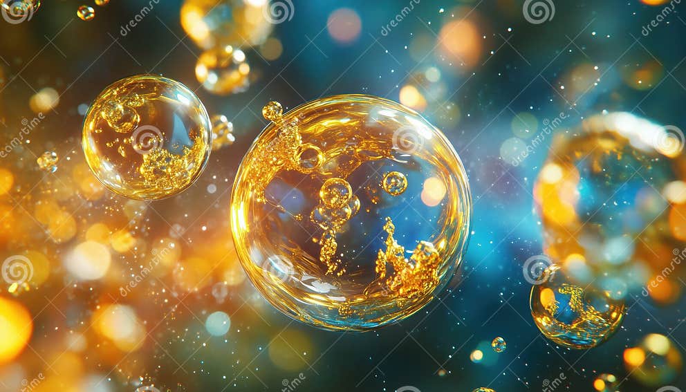 3d Rendering of a Golden Liquid Bubble Surrounding a Molecule. Visualizing the Interaction of ...
