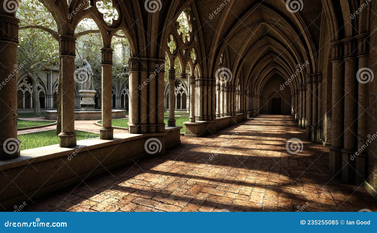 3D Rendering of a Gothic Medieval Cloisters and Courtyard Stock ...