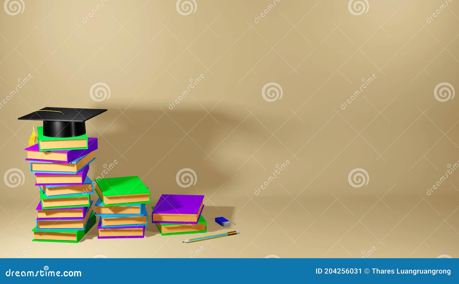 3D Rendering of Graduation Cap Books and Pencil Isolated on Pastel ...