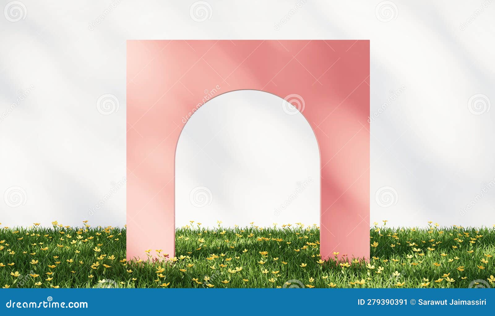 3D Rendering Grass Field with Abstract Pink Arch Wall Background Stock ...