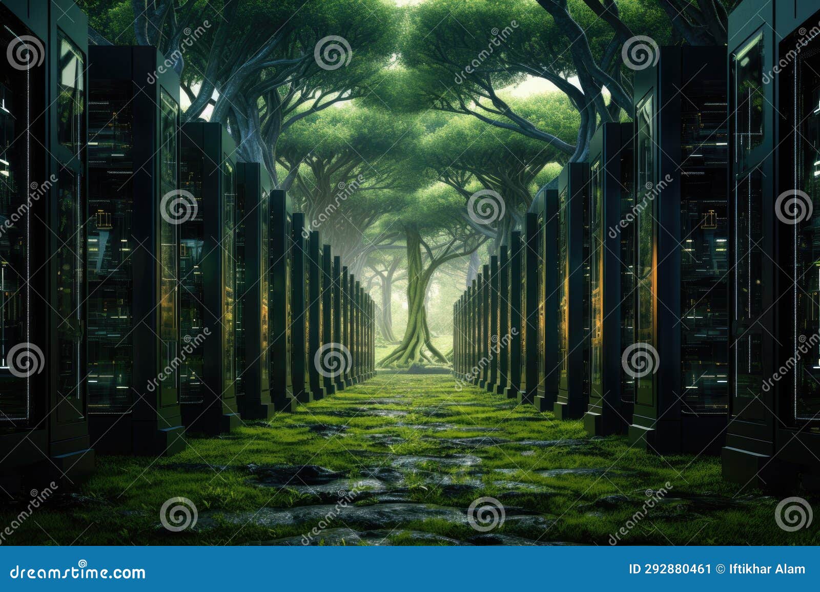 3d Rendering of a Green Corridor with Trees and Lights in the ...