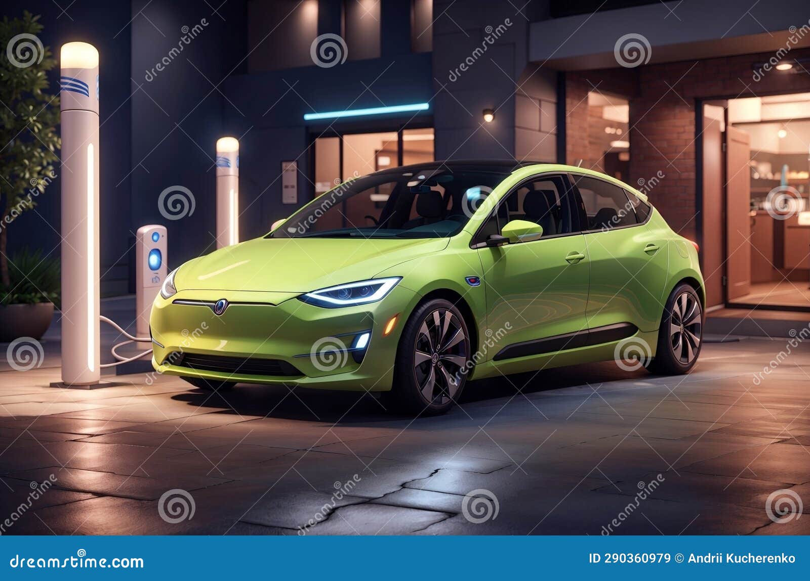 3D Rendering of a Green Electric Car in the Charging Station.Generative ...