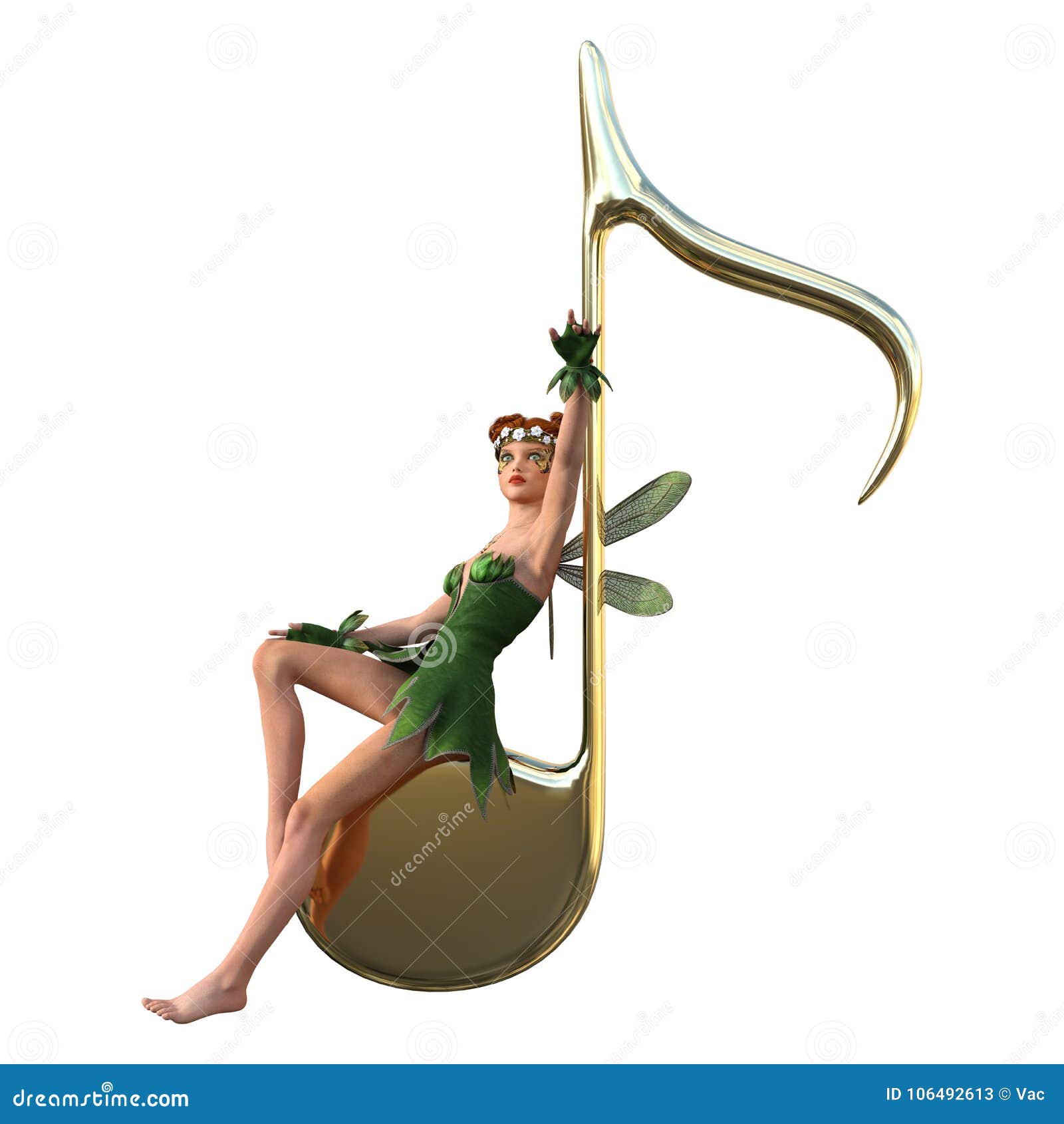 3D Rendering Green Fairy and Music Note on White Stock Illustration ...