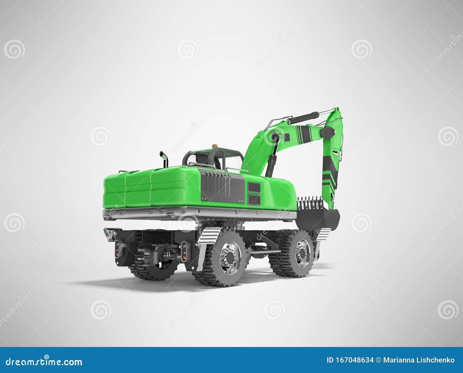 3D Rendering Green Hydraulic Wheel Excavator Isolated on Gray ...