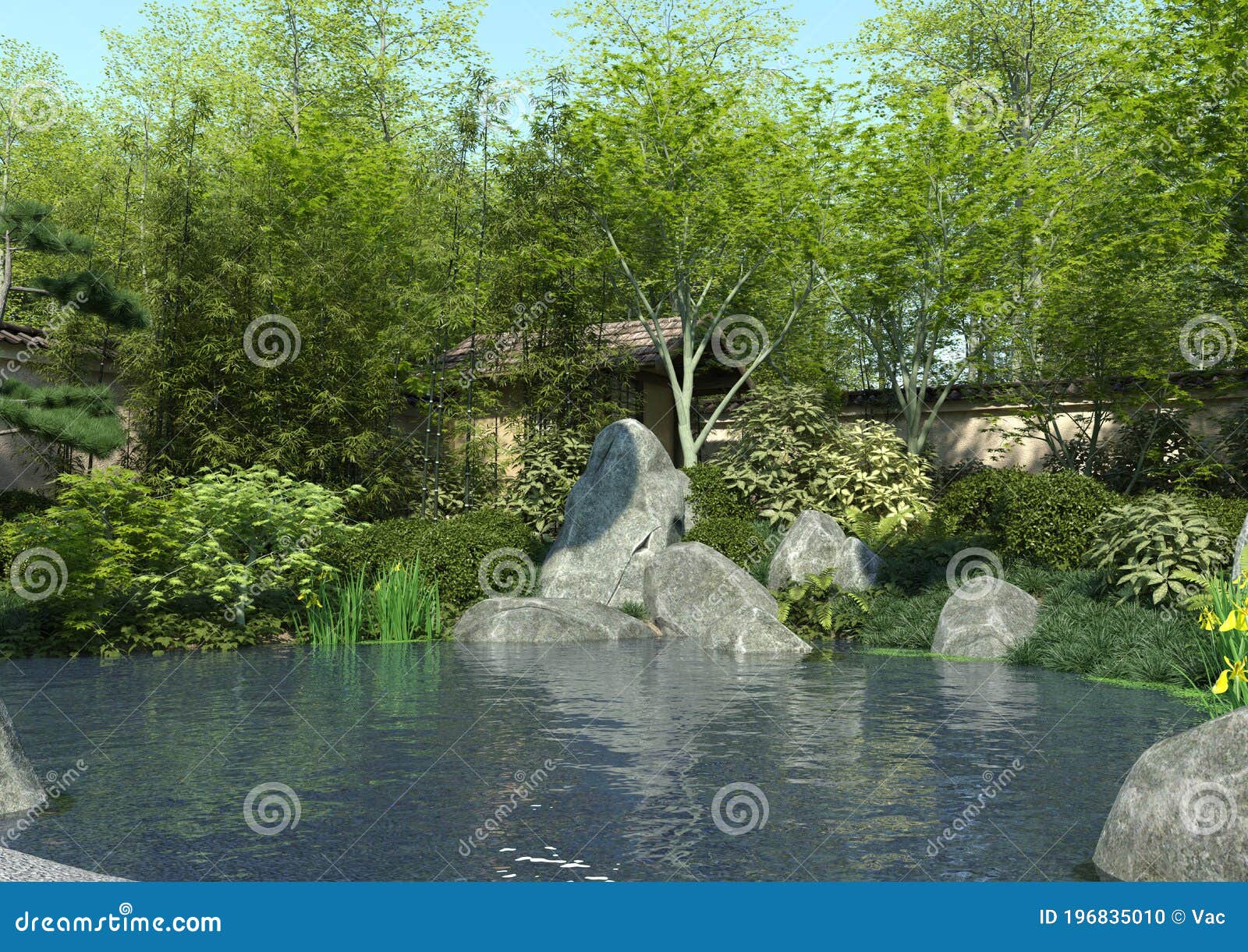 3D Rendering Japanese Garden Stock Illustration - Illustration of lake ...