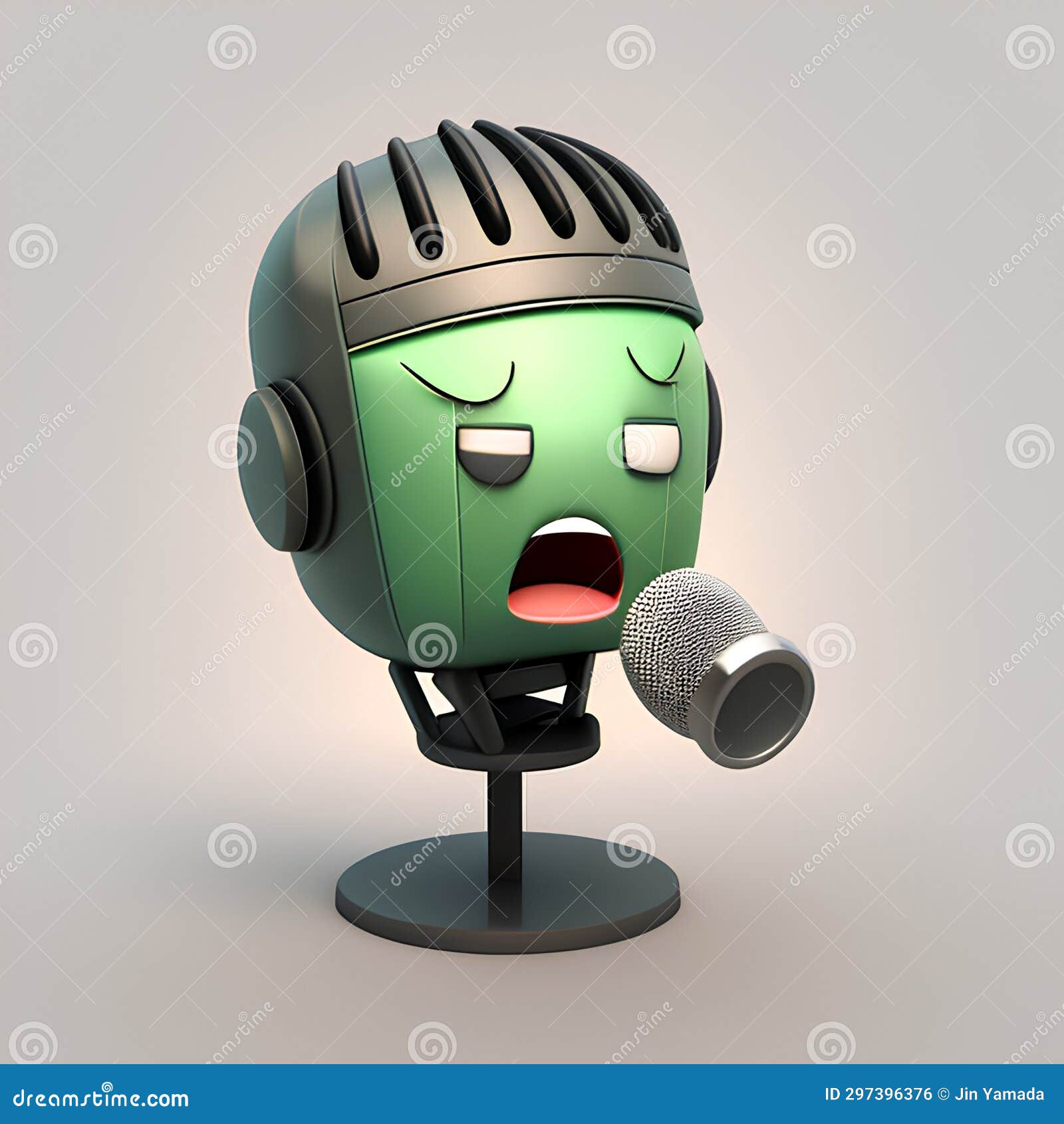 3D Rendering of a Green Microphone Character Singing in a Studio ...