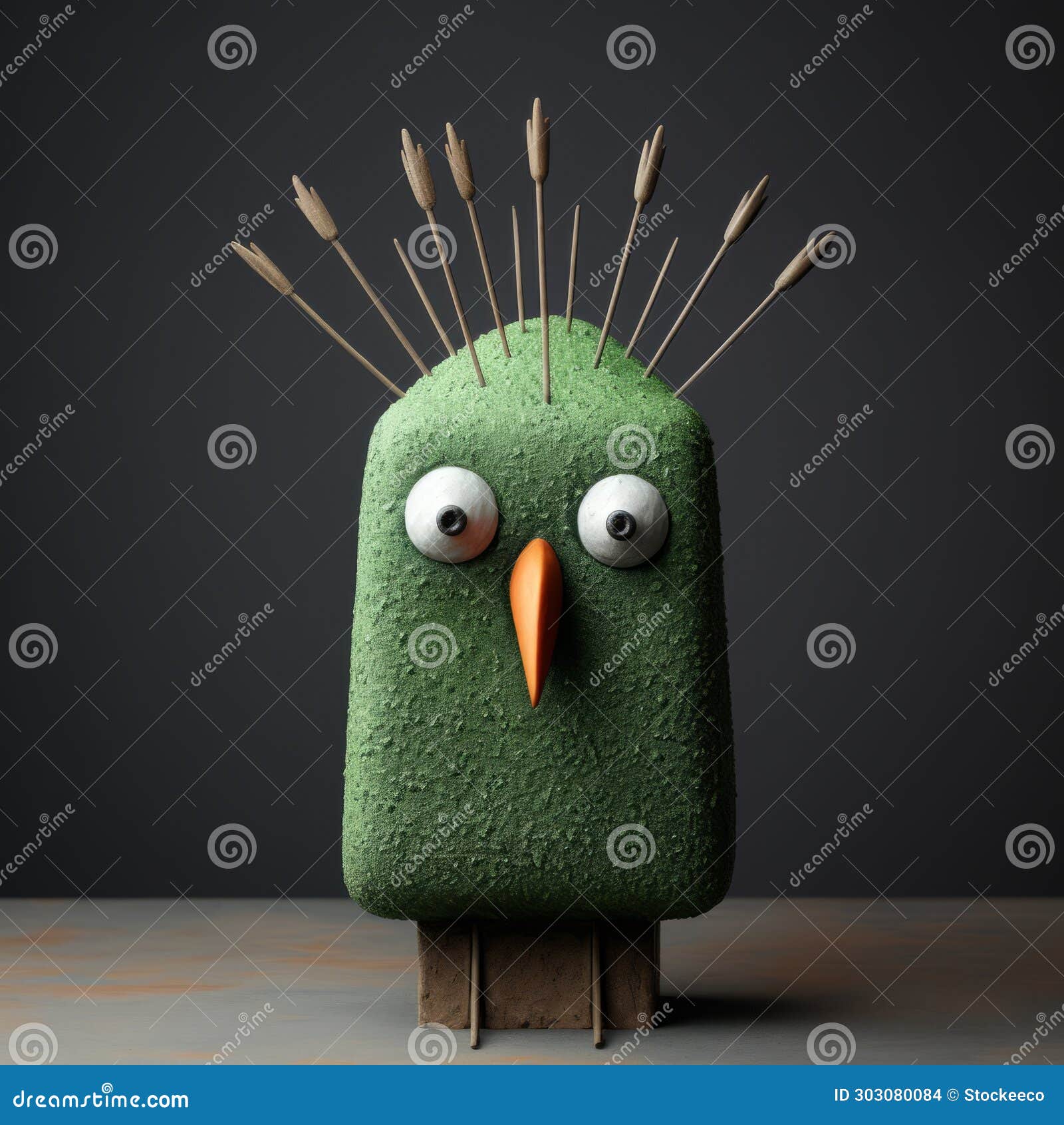 Humorous Postmodern Sculpture: Cute Green Bird on Wooden Surface Stock ...