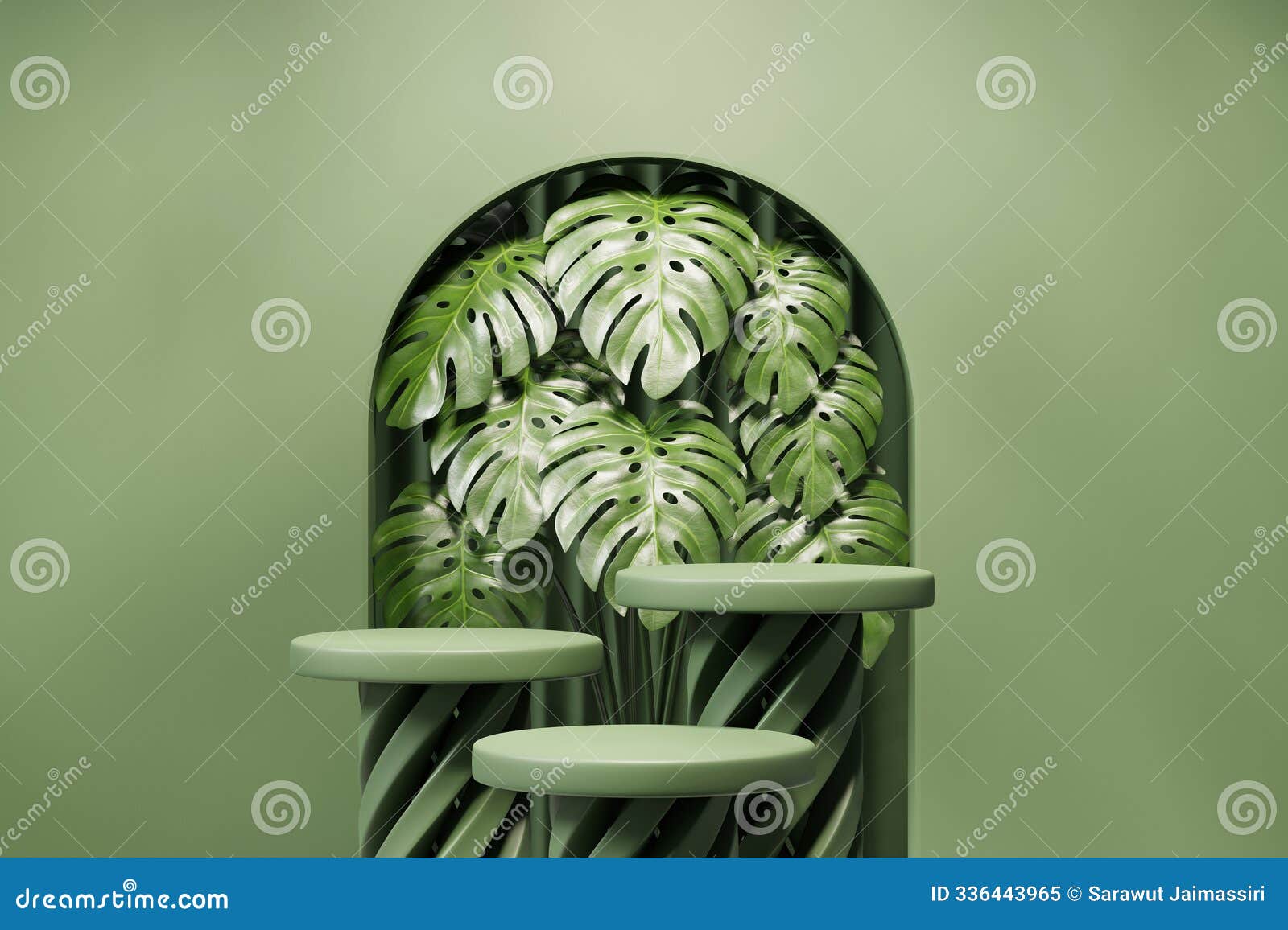 3D Rendering Green Platform Podium with Monstera Plant Product ...