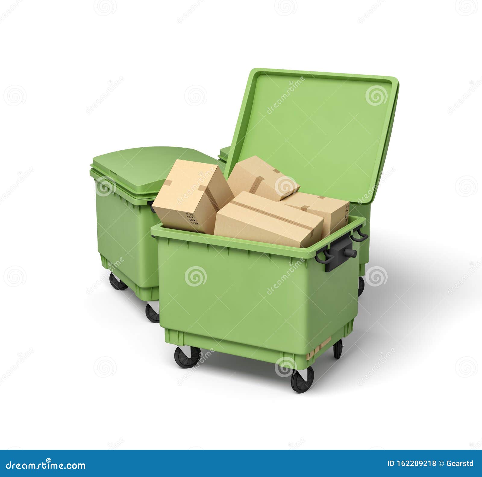 3d Rendering of Green Trash Bins with Cardboard Boxes Inside Stock ...